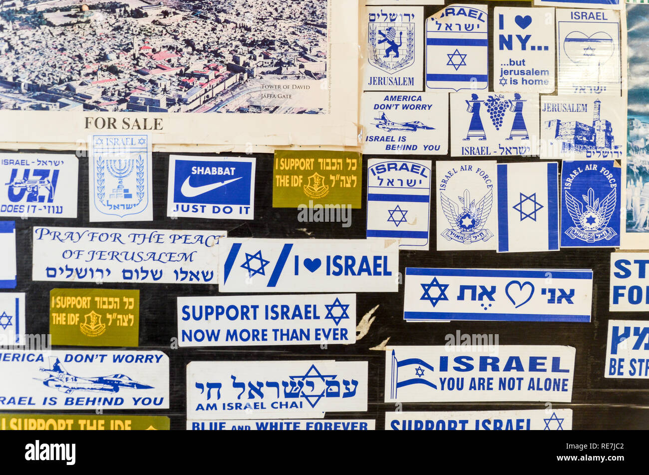 Pro-Israel stickers in a tourist shop in the old city of Jerusalem ...