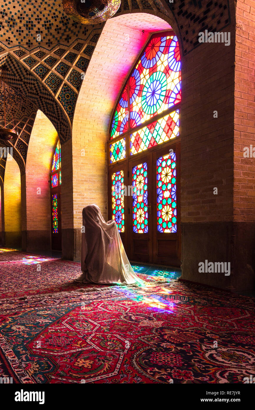 Iran. Shiraz. Nasir al-Mulk Mosque, The colorful stained glass windows ...