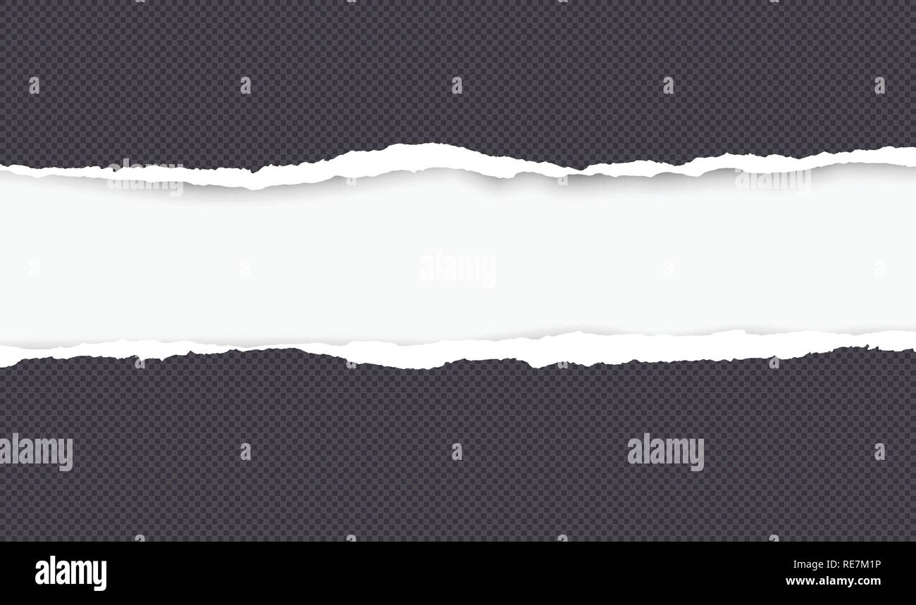 Ripped squared black horizontal paper for text or message are on white ...