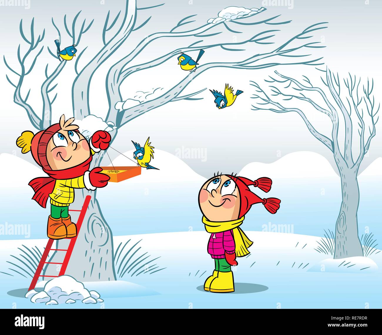 The illustration shows how a boy and a girl feeding birds in winter ...