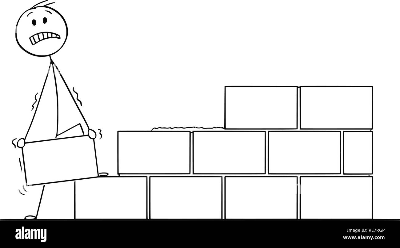 Cartoon of Mason or Bricklayer Building a Wall from Bricks or Blocks ...