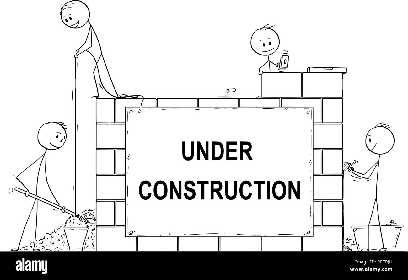 Cartoon of Group of Masons or Bricklayers Building a Wall or House from ...