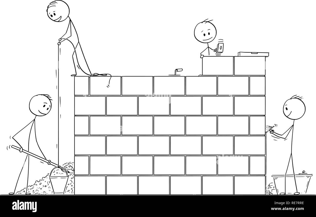 Cartoon of Group of Masons or Bricklayers Building a Wall or House from ...