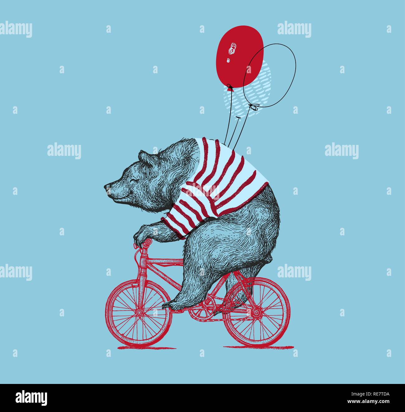 Bear Ride Bike Balloon Vector Grunge Print. Hipster Mascot Cute Wild Grizzly in Striped Vest on ...