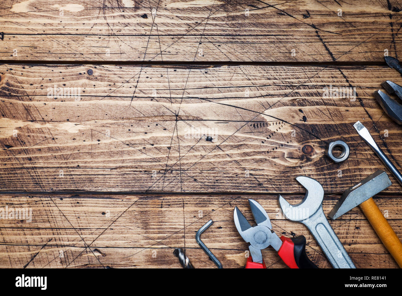 Set of different repair tools on wooden background with copy space ...