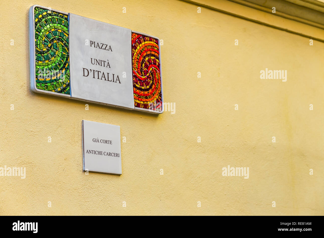 RAVENNA, ITALY - JANUARY 15, 2019: light is enlightening street name ...