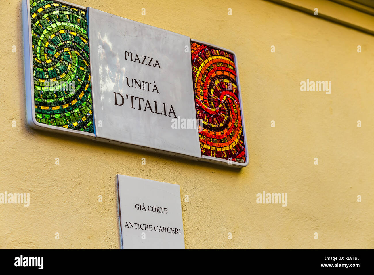 RAVENNA, ITALY - JANUARY 15, 2019: light is enlightening street name ...