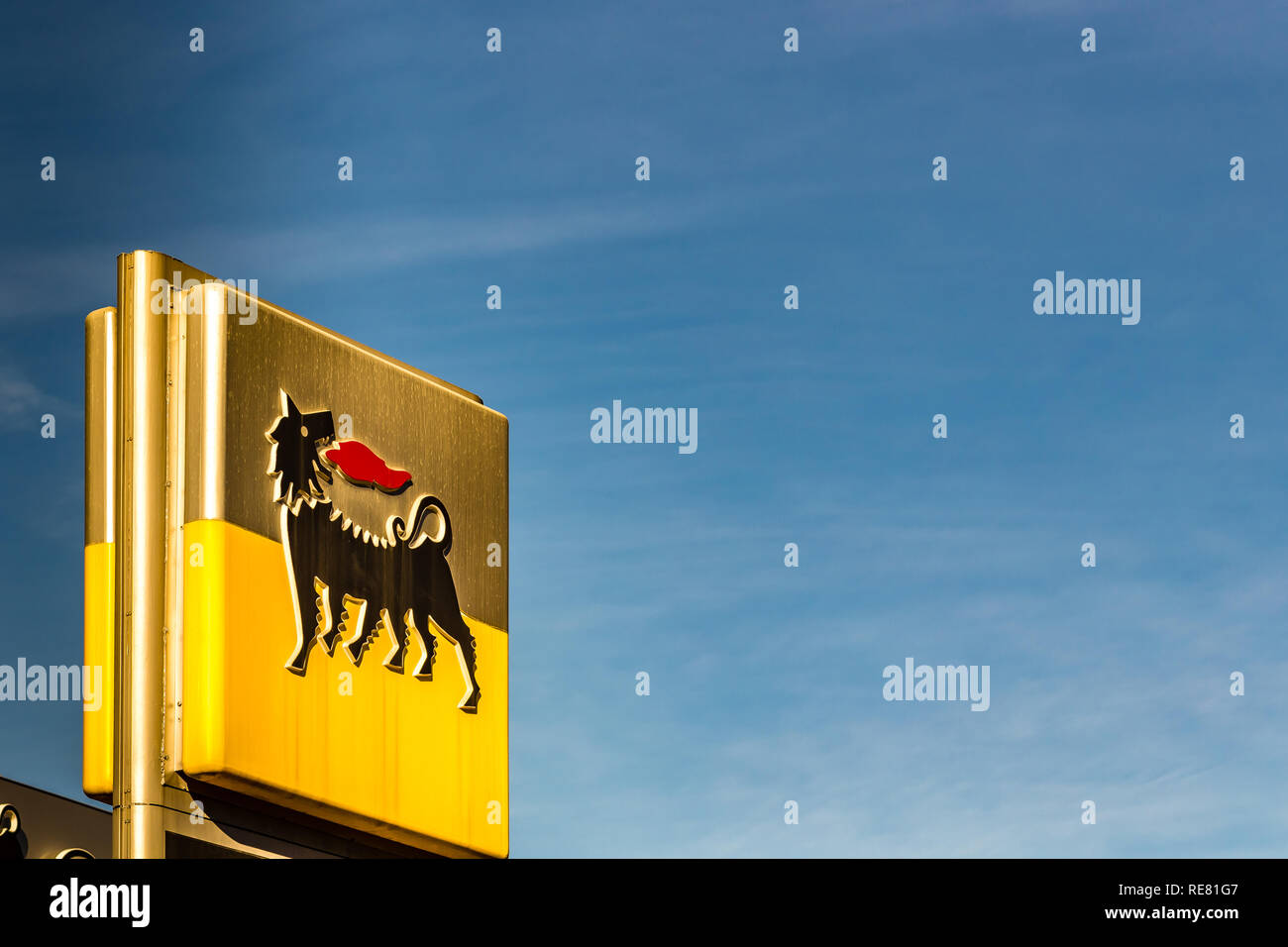 RAVENNA, ITALY - JANUARY 15, 2019: lights are enlightening eni agip ...