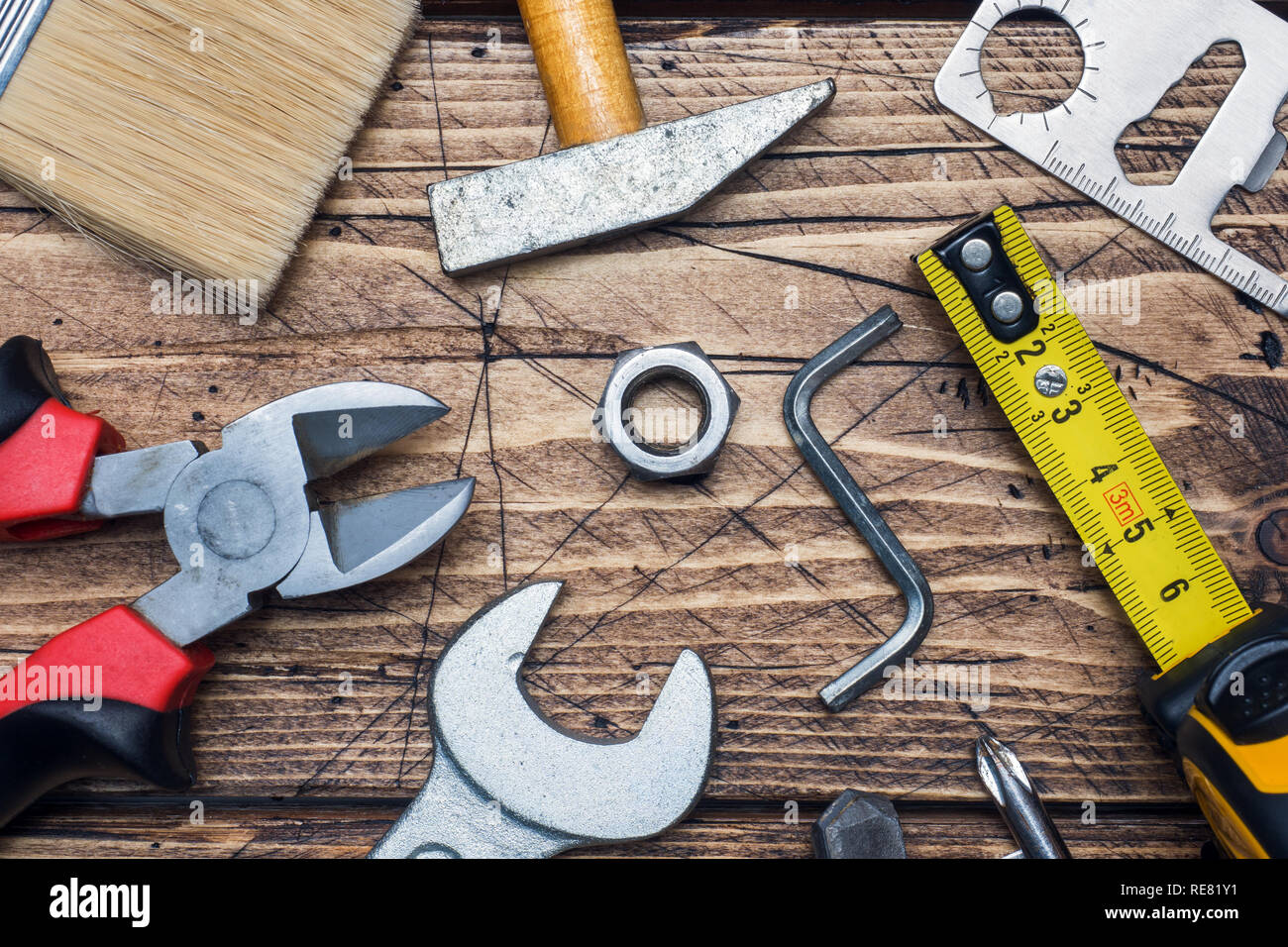 Set of different repair tools on wooden background with copy space ...