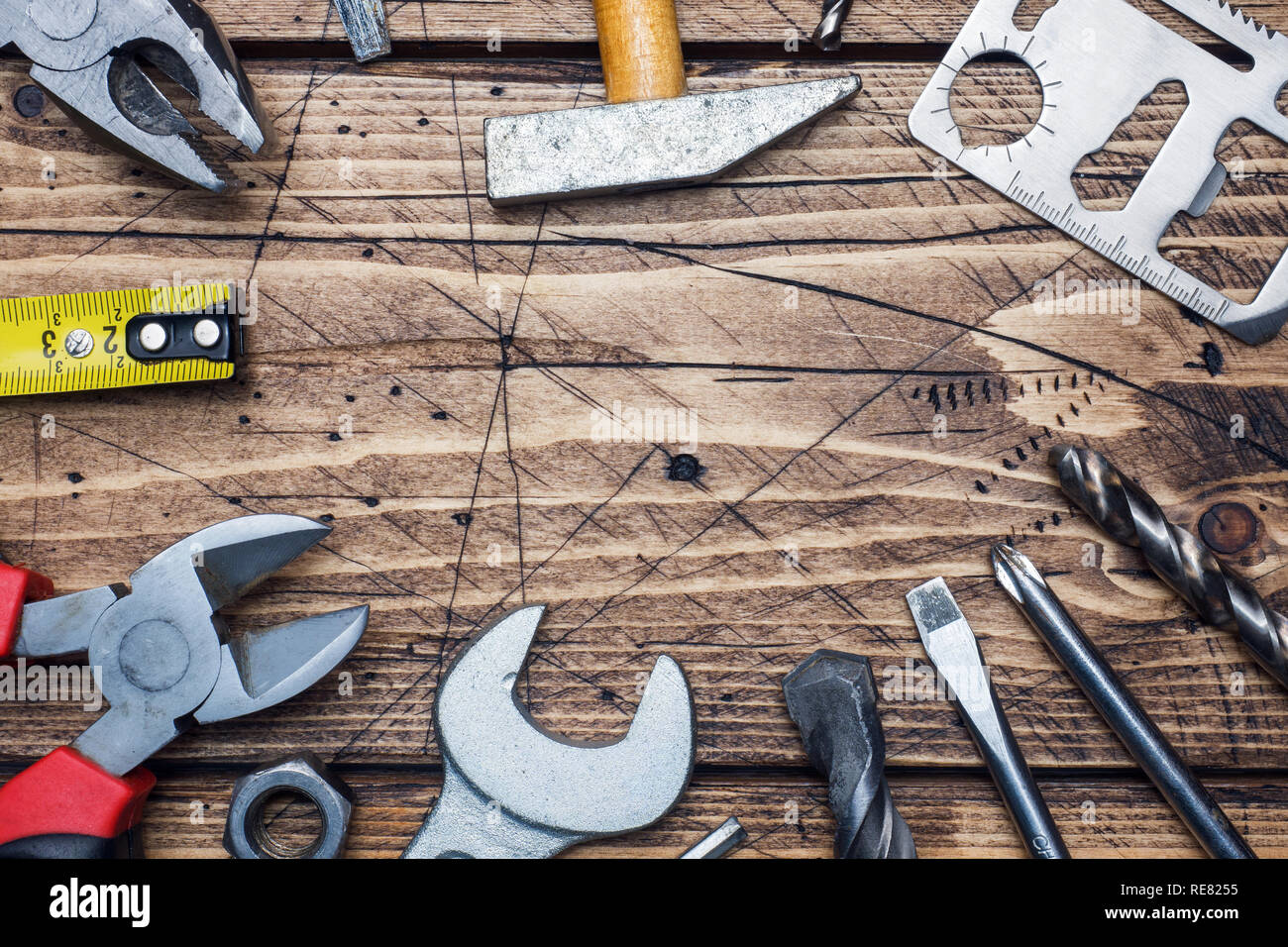 Set of different repair tools on wooden background with copy space ...