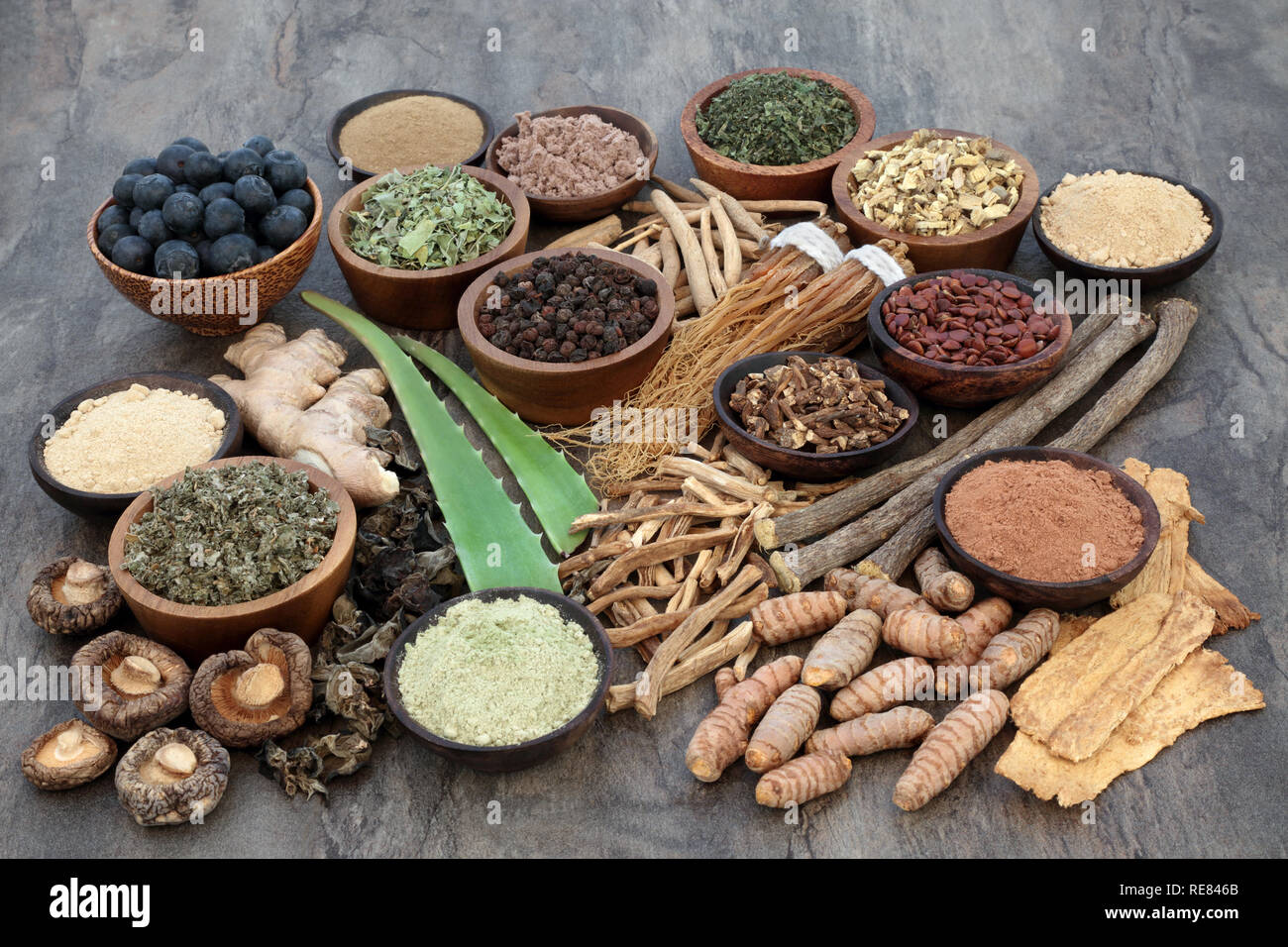 Adaptogen foods with herbs, spices, fruit & supplement powders. Used in ...