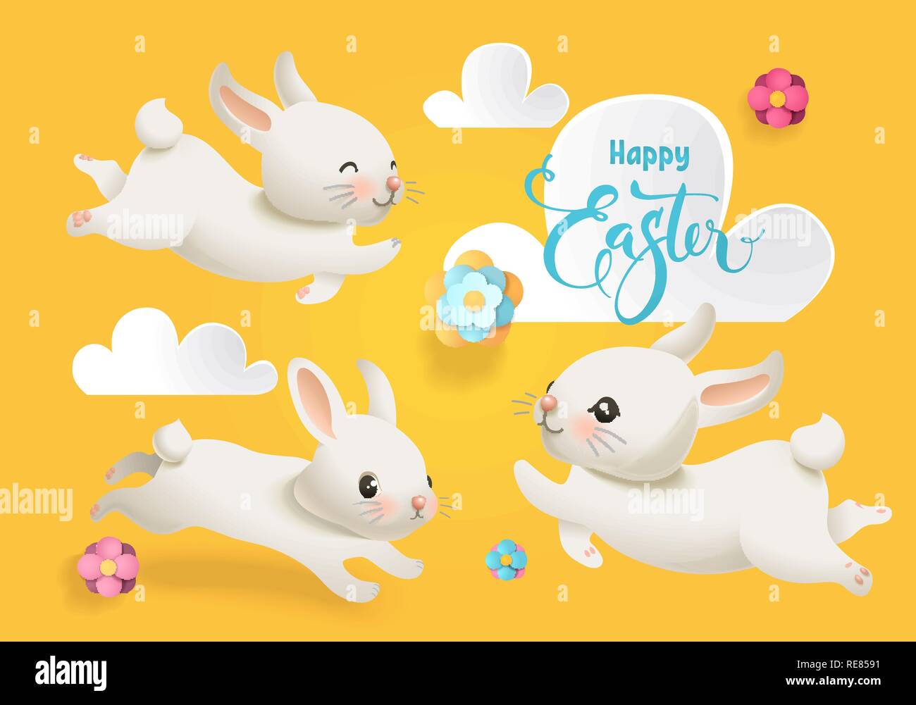 Happy Easter Cute Rabbit Vector Collection. Spring White Bunny, Flower ...