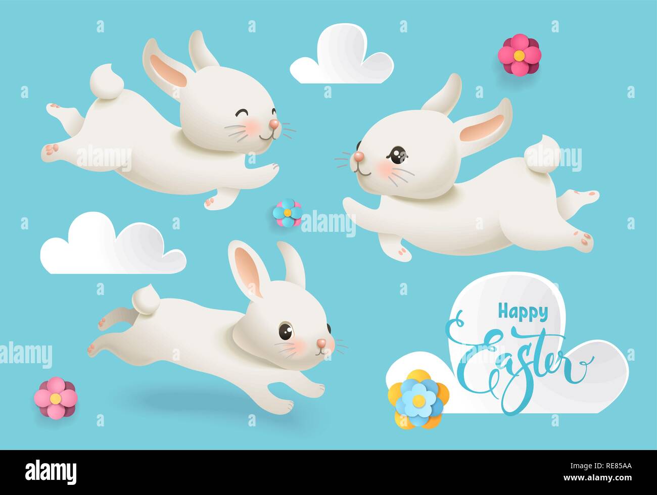 Happy Easter Cute Bunny Vector Illustration Set. Spring White Animal ...