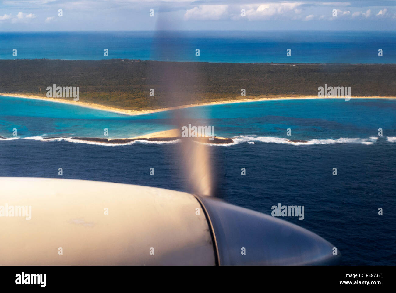 Aircraft flying over the island of Cat Island. The Cat island seen from ...