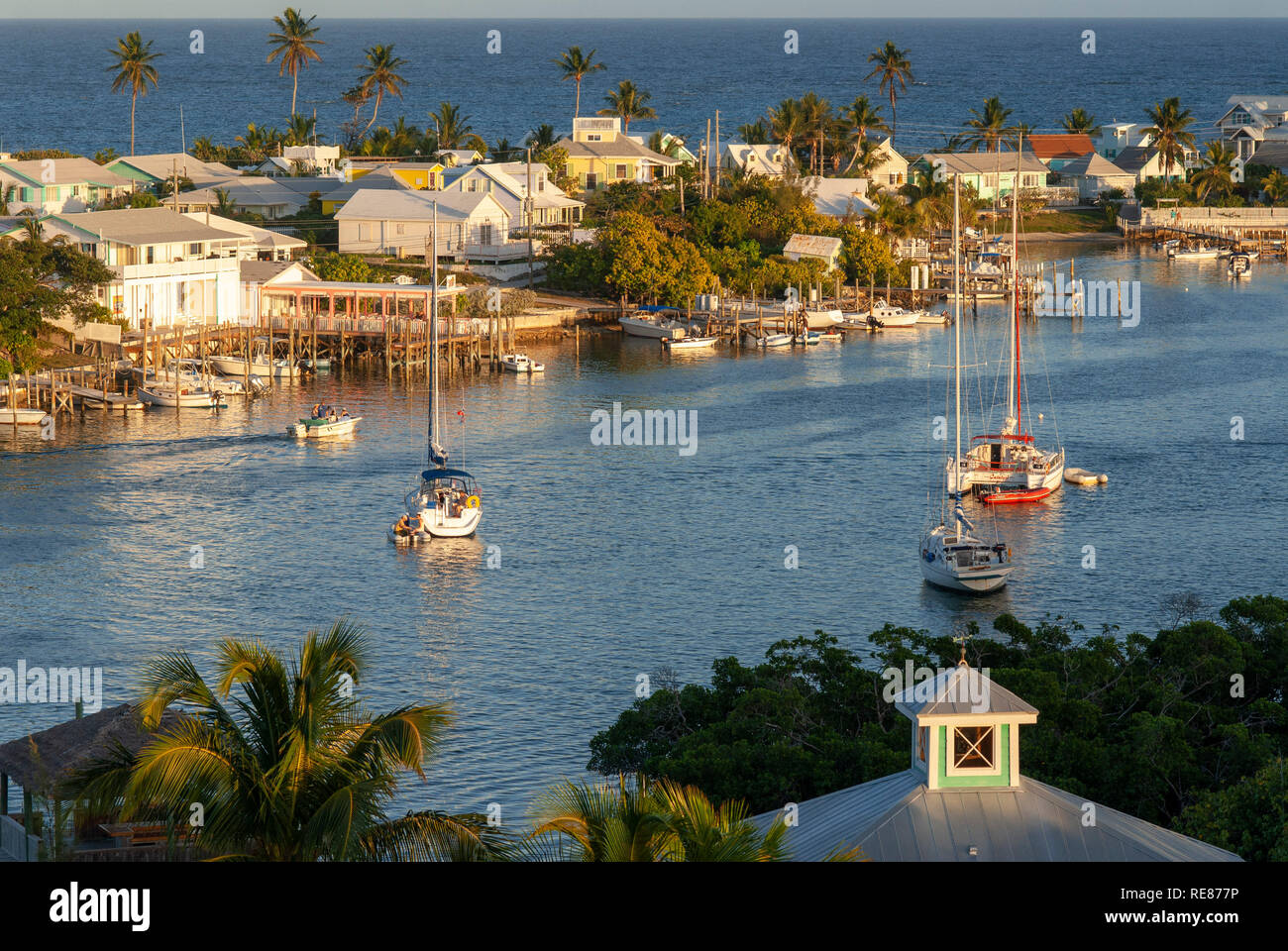 Aerial views of the Hope Town, Elbow Cay, Abacos. Bahamas. Lighthouse ...