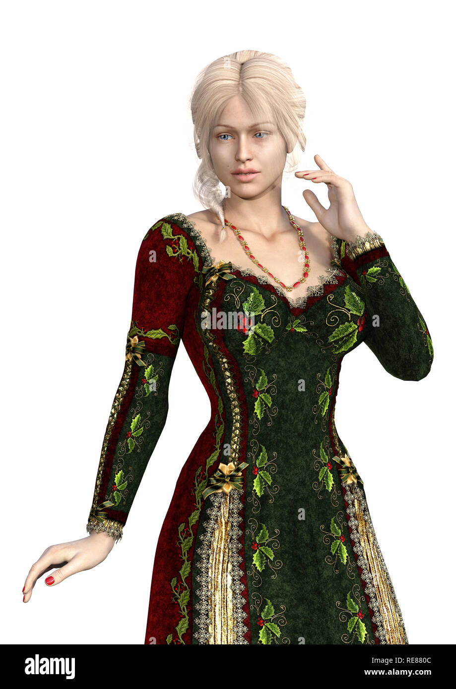 3D rendering of a beautiful fairy tale princess in a red dress isolated ...