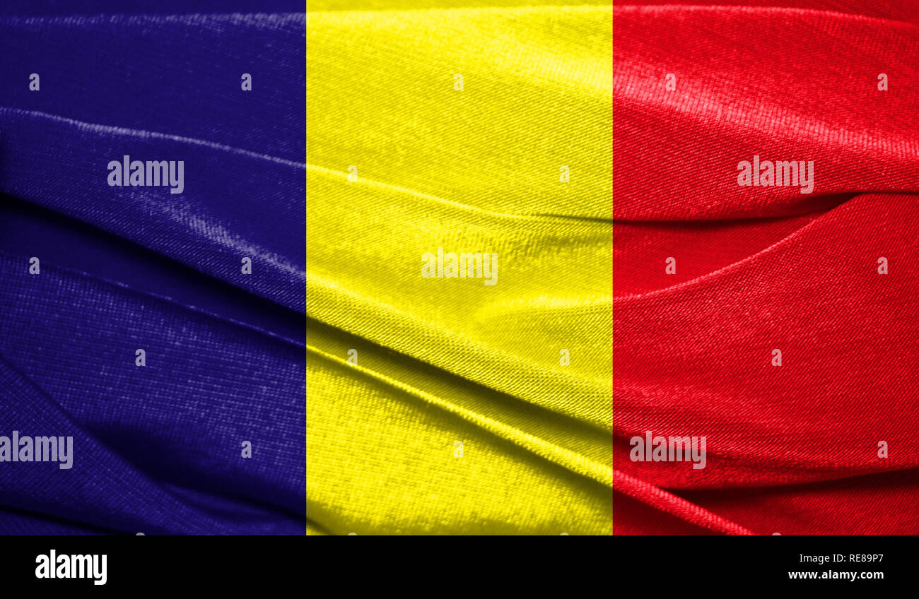 Realistic flag of Romania on the wavy surface of fabric. Perfect for ...