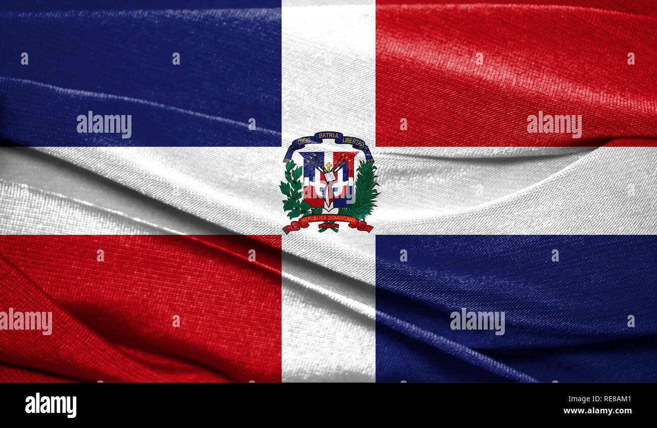 Realistic flag of Dominican Republic on the wavy surface of fabric ...