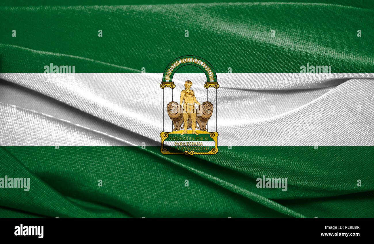 Realistic flag of Andalusia on the wavy surface of fabric. Perfect for ...