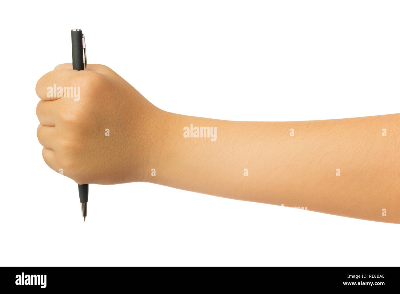 Human hand in reach out one's hand and holding black ballpoint pen ...