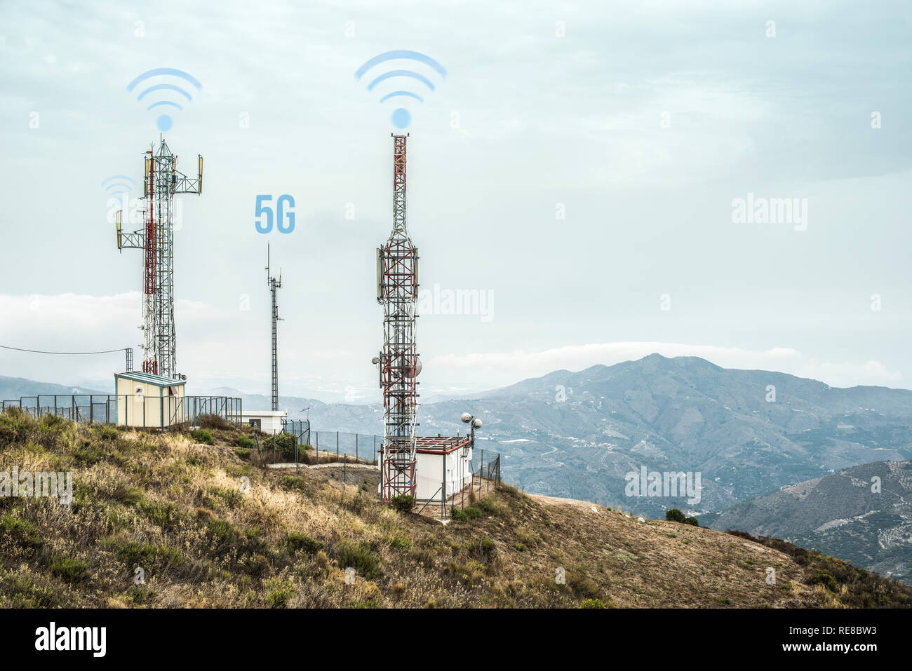 5G antennas and GSM transmitters. Concept for high speed 5G internet ...