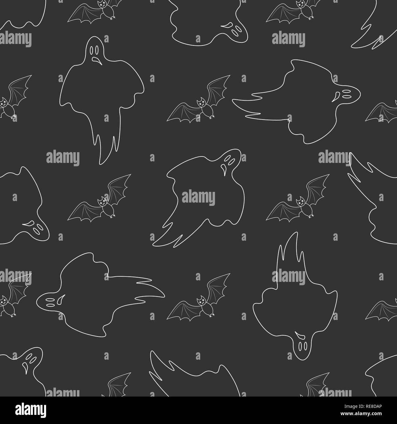 Halloween seamless pattern design with white contour ghost and bat 10 ...