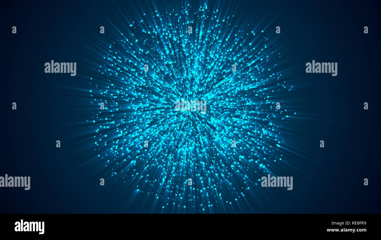 Many abstract small blue particles in sphere shape in space, computer ...