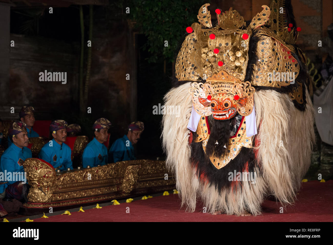 Traditional Barong dance in an old Hindu temple in Bali. Barong is a ...