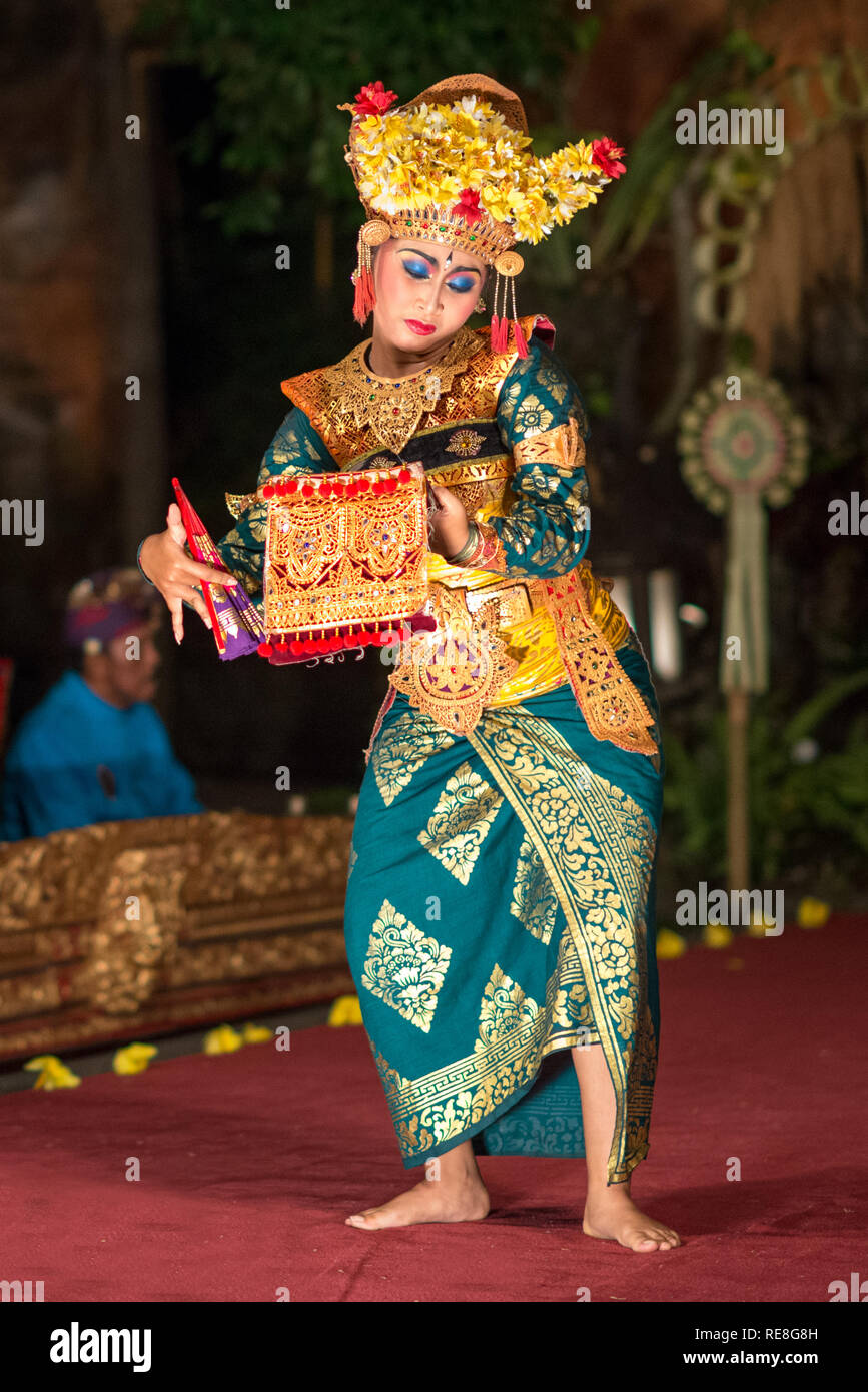 Traditional Barong dance in an old Hindu temple in Bali. Barong is a ...