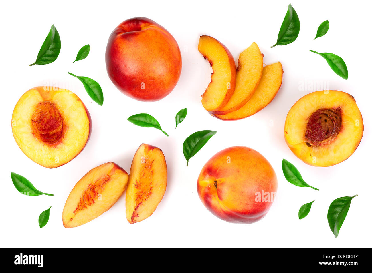 ripe nectarine with leaves isolated on white background. Top view. Flat ...