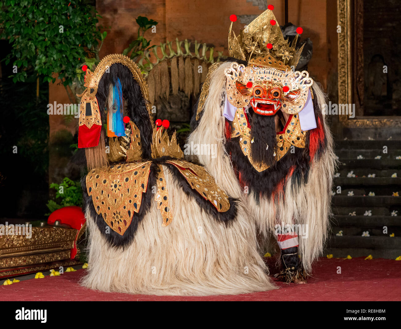 Traditional Barong dance in an old Hindu temple in Bali. Barong is a ...