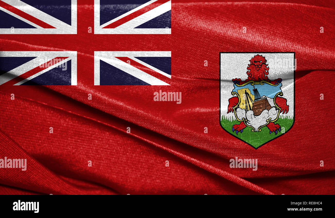 Realistic flag of Bermuda Islands on the wavy surface of fabric ...