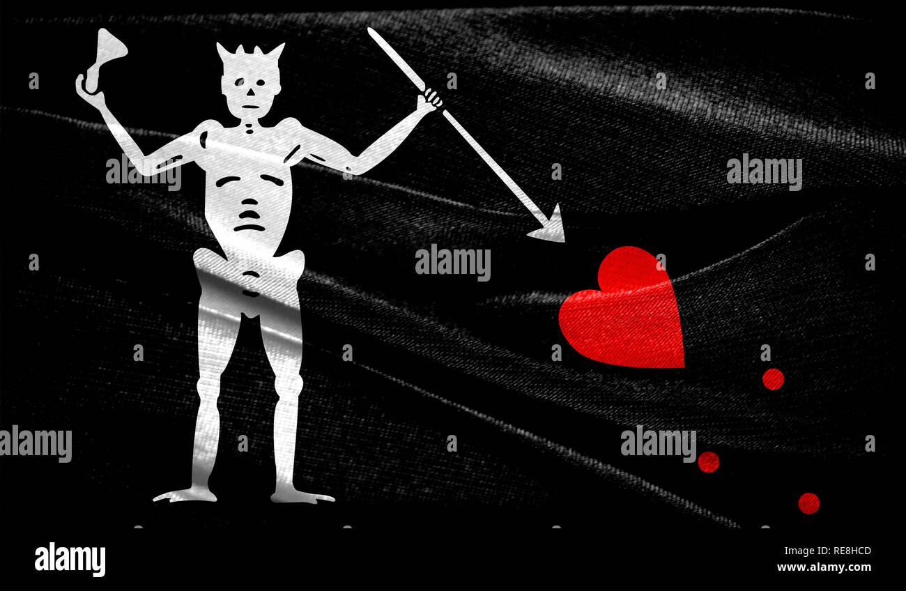 Realistic flag of Blackbeard Pirate on the wavy surface of fabric ...