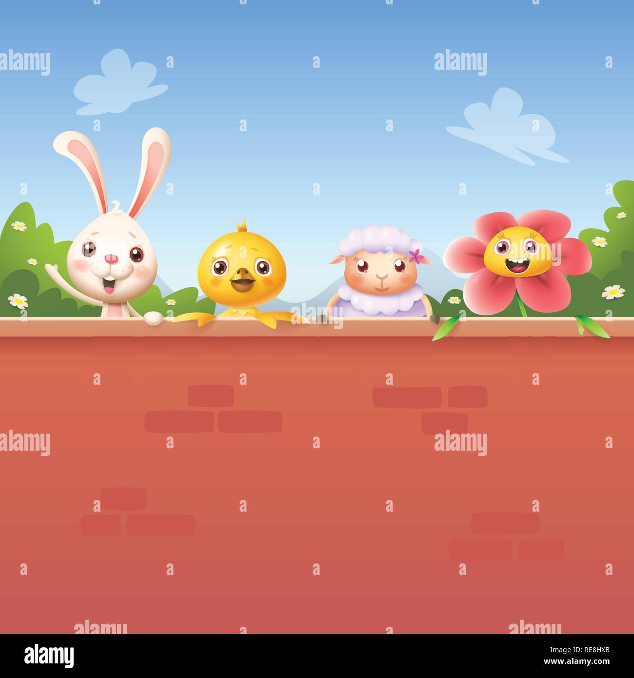 Happy friends celebrate spring behind wall - bunny chicken sheep and ...