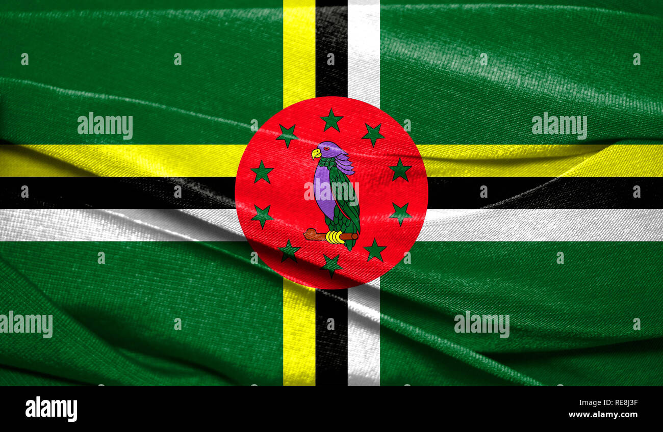 Realistic flag of Dominica on the wavy surface of fabric. Perfect for ...