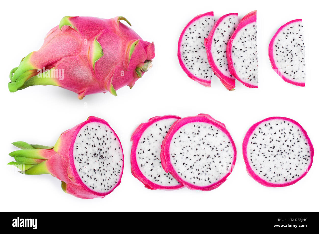 Dragon fruit, Pitaya or Pitahaya isolated on white background. Top view ...