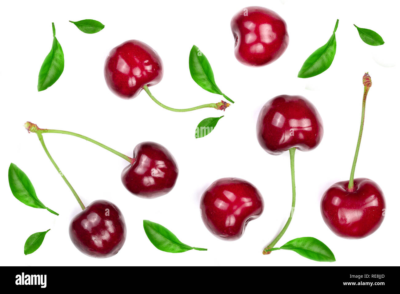 Sweet red cherries isolated on white background. Top view. Flat lay ...