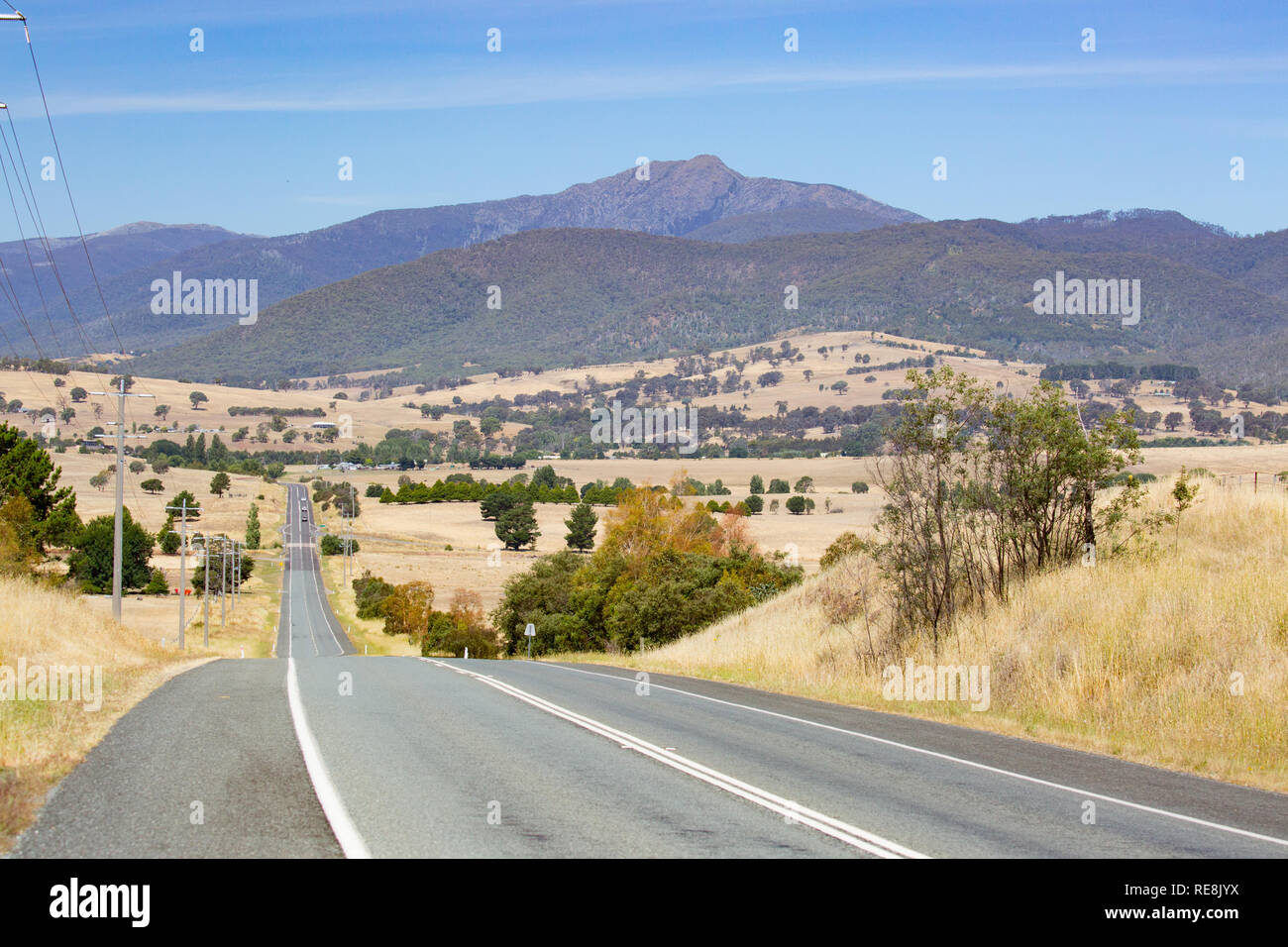 Landscape and roads in the Howqua Valley near Mt Buller on a hot summer ...