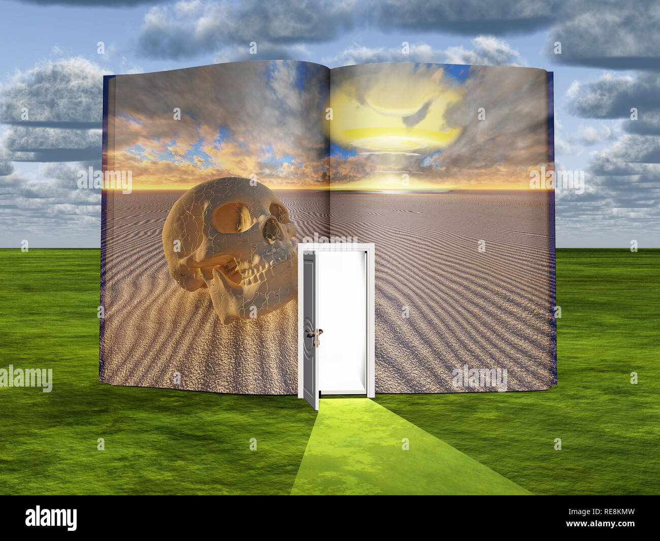 Surrealism. Book with opened door. Skull in a desert with nuclear blast ...