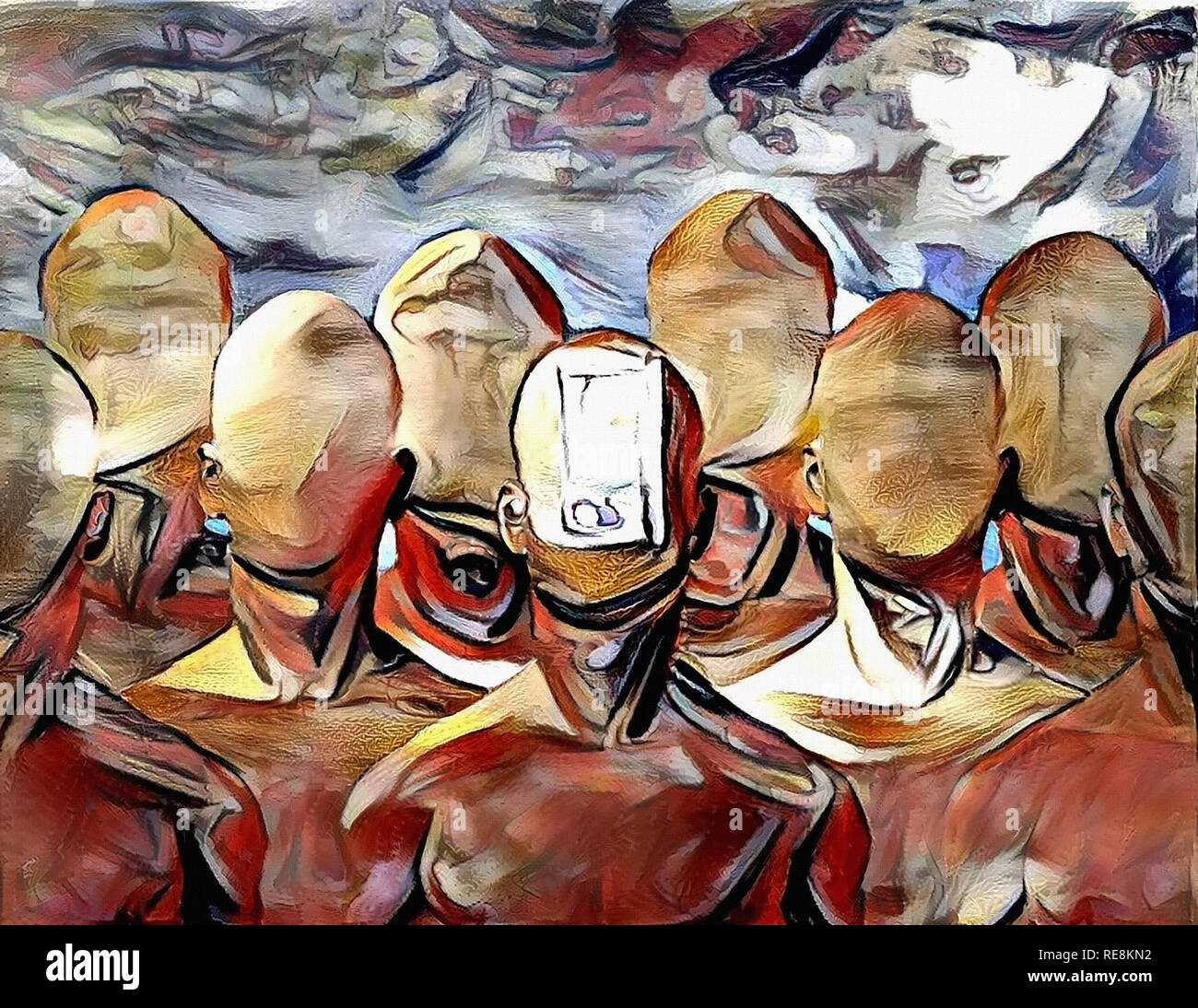 Surreal painting. Faceless men. One of them with open door instead of ...