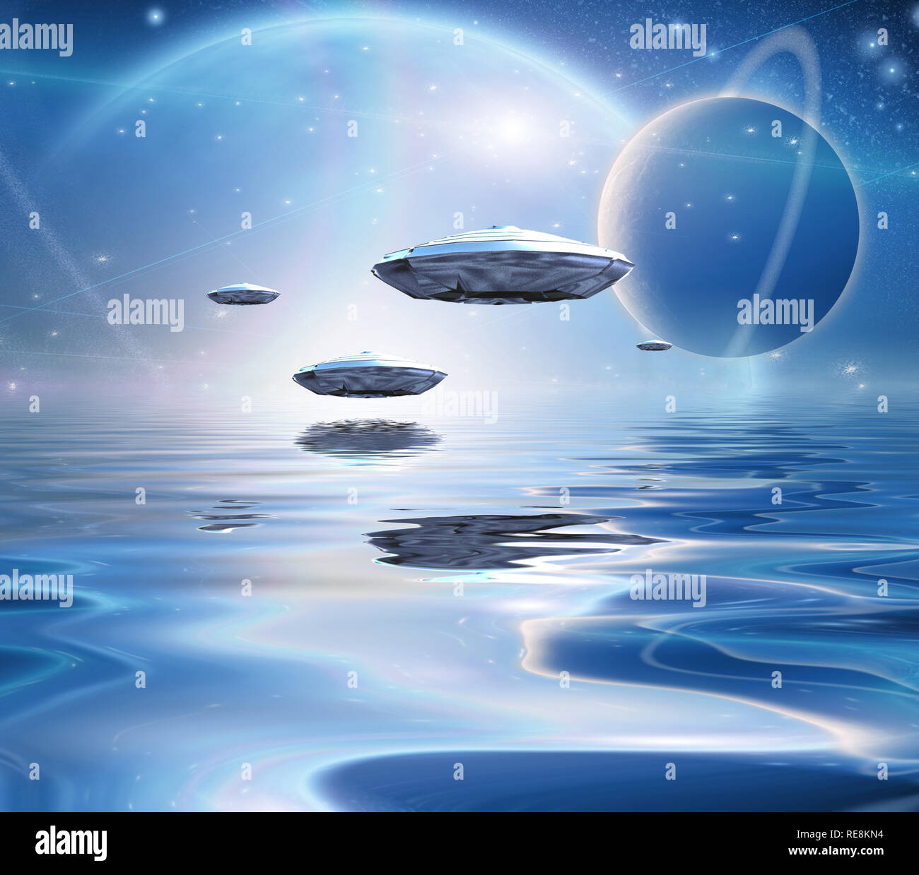 Exosolar Planets Rise over quiet waters. Spacecrafts. 3D rendering ...