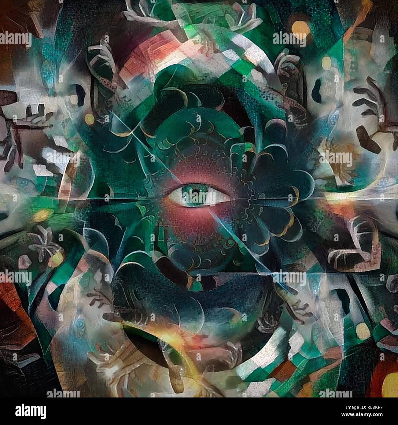 Surreal painting. Hands and Eye in Mystic Tunnel Stock Photo - Alamy