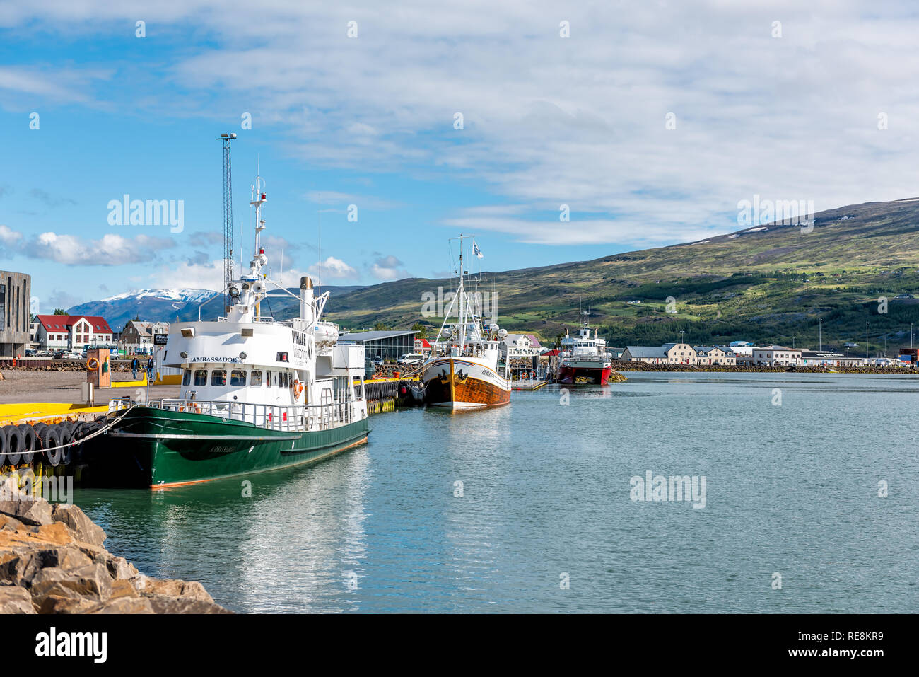 Akureyri, Iceland - June 17, 2018: Fishing village town harbor marina ...