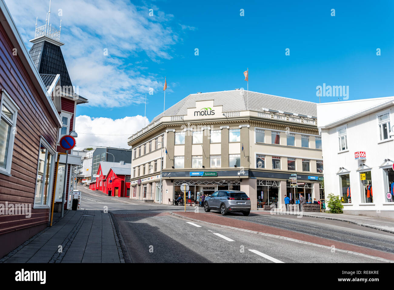 Akureyri, Iceland - June 17, 2018: Empty street road in town village ...
