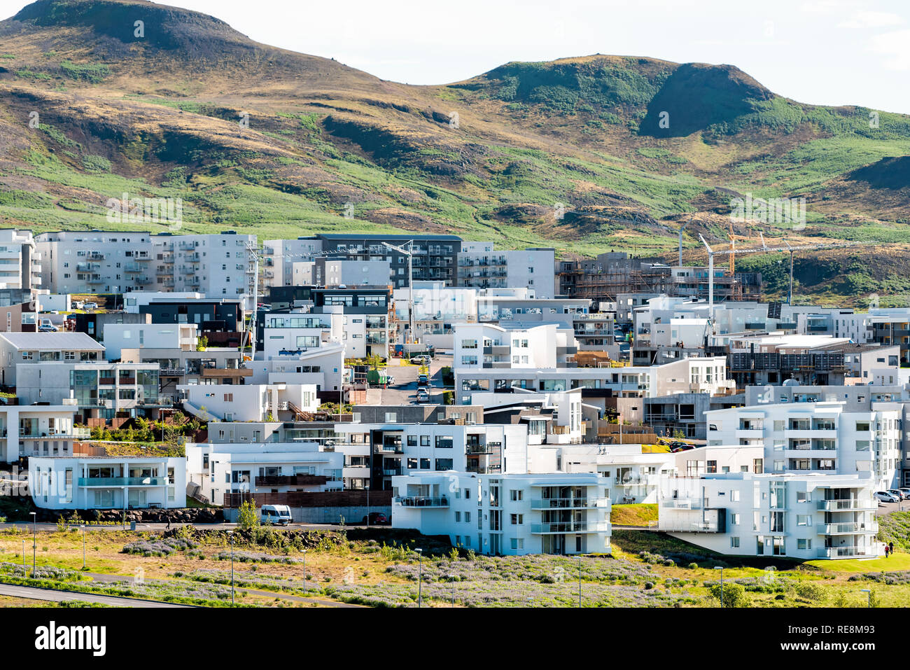Aerial high angle cityscape or skyline of modern suburbs residential ...