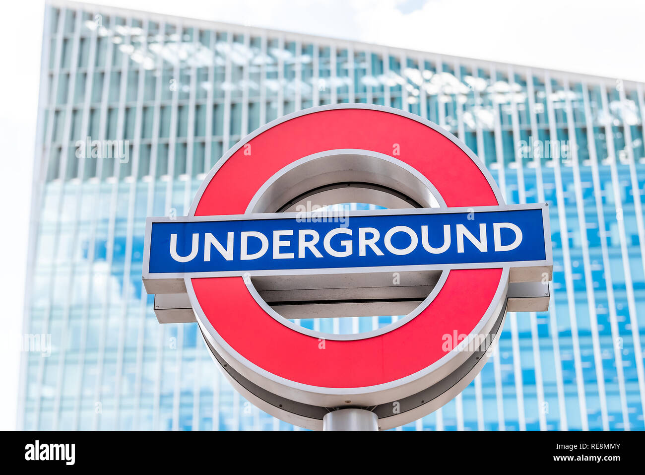 London, UK - June 21, 2018: Closeup of Underground tube metro blue and ...