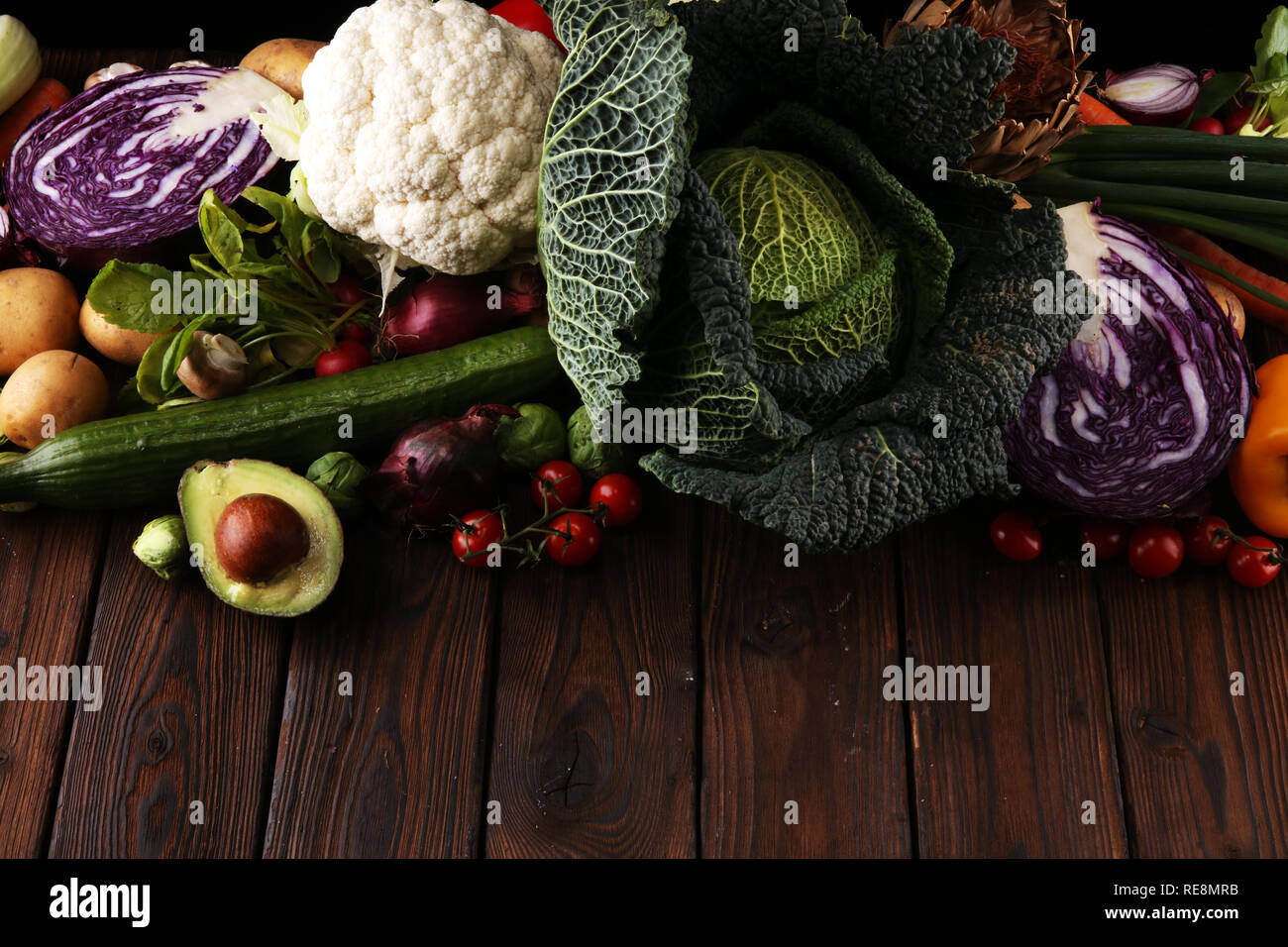 Composition with variety of raw organic vegetables and fruits. Balanced ...