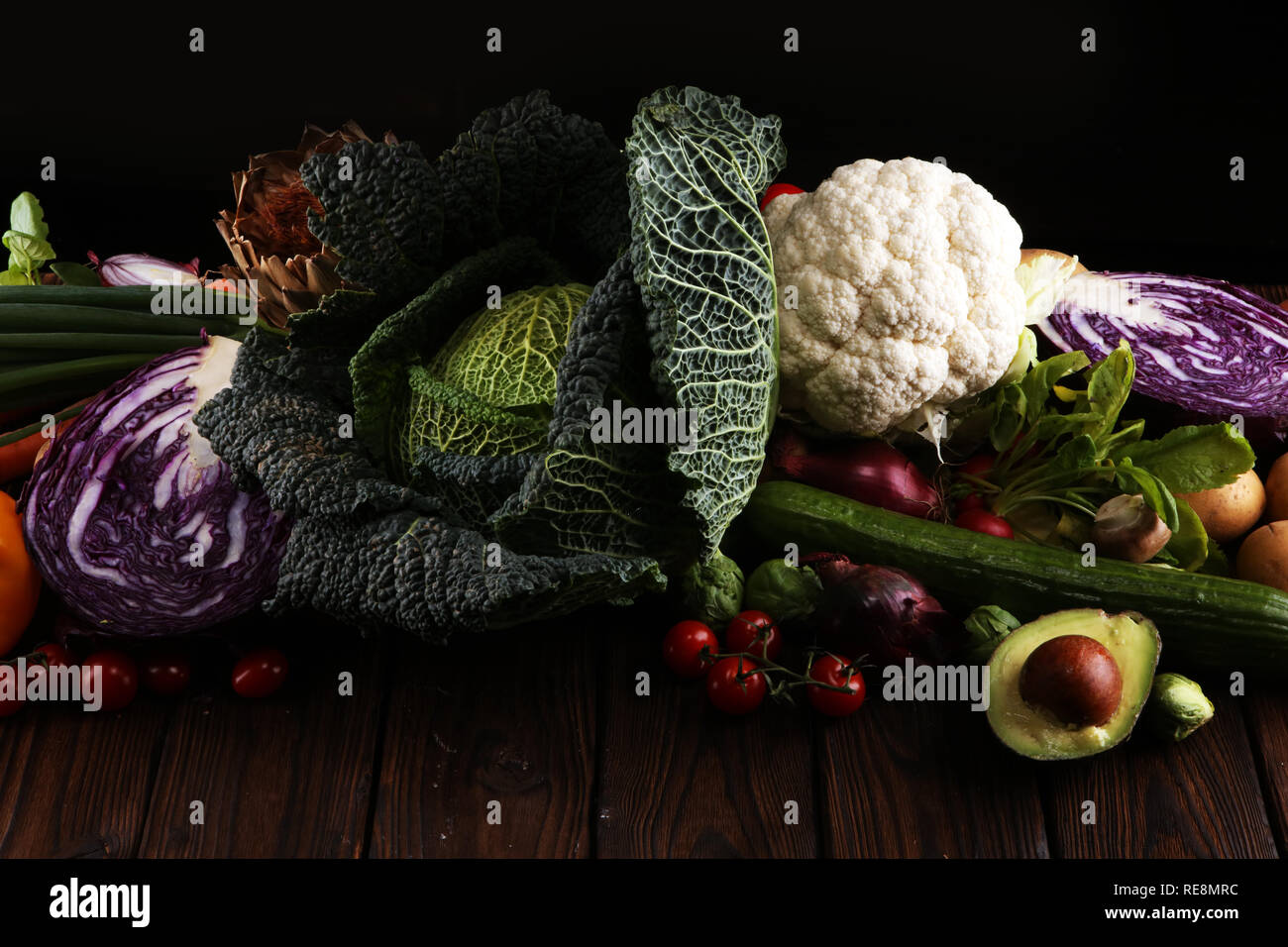 Composition with variety of raw organic vegetables and fruits. Balanced ...