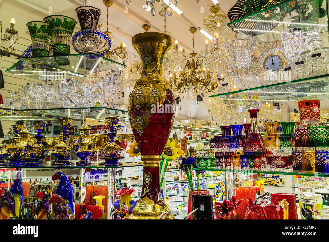Large display of famous Czech Bohemian crystal glass in a shop window ...
