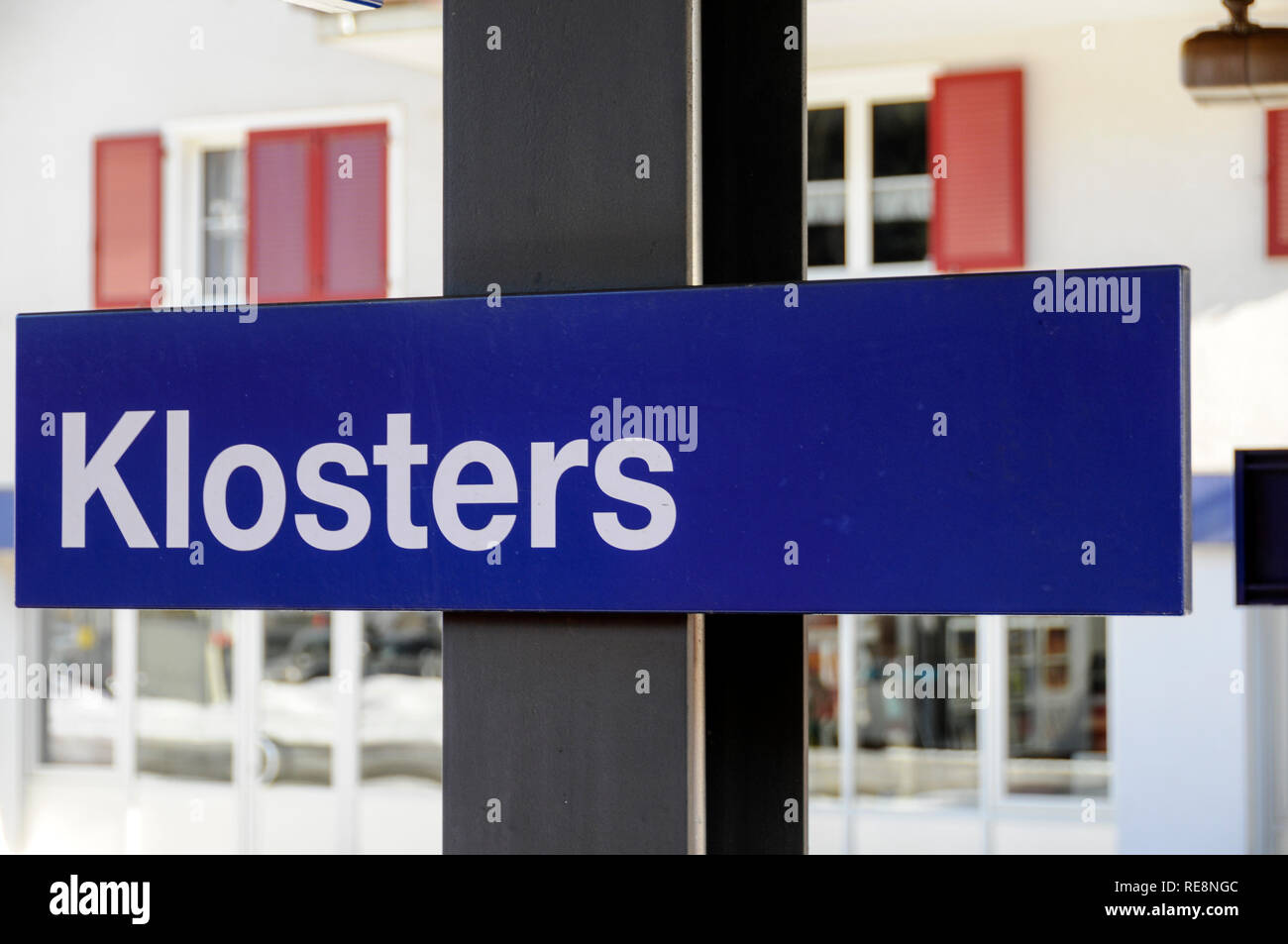 Swiss railway station sign, Klosters in Switzerland Stock Photo - Alamy